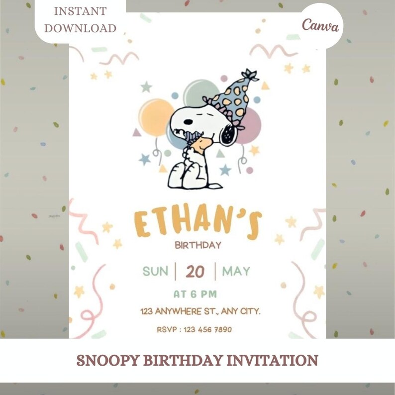 Snoopy Birthday Invitation for Kids, Peanuts Party Digital Invitation ...