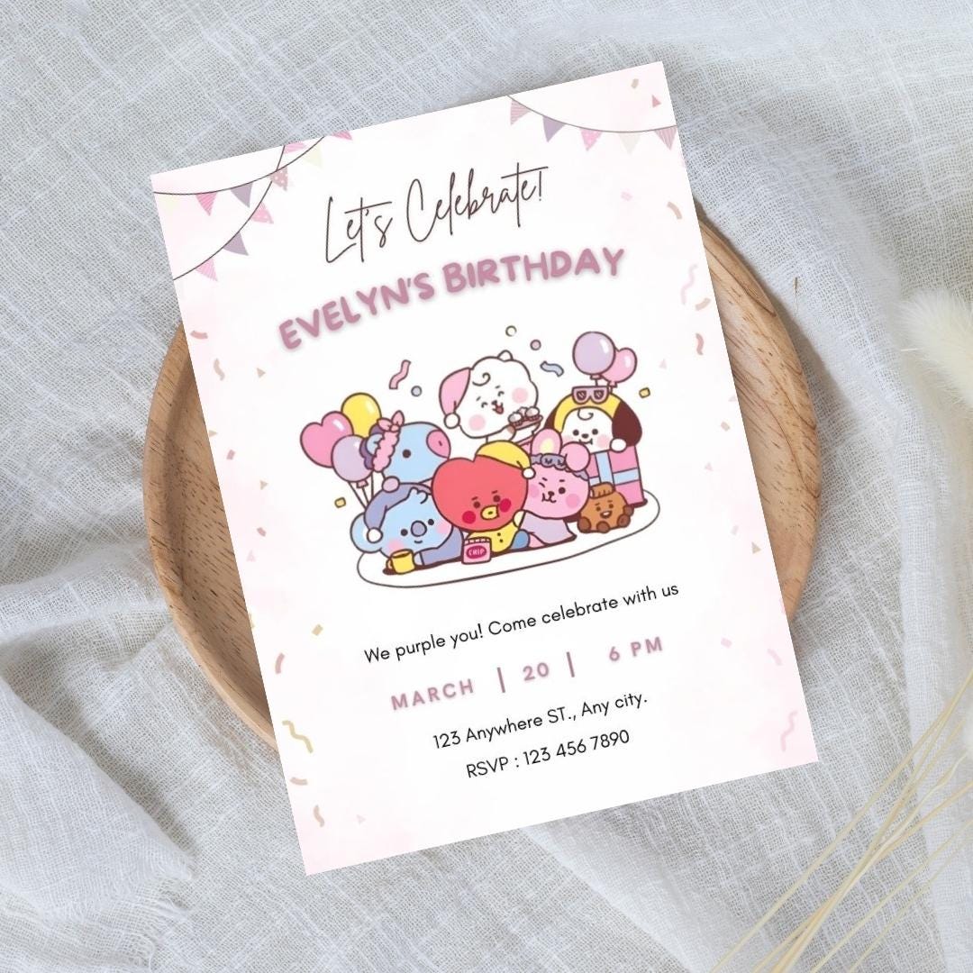 BT21 Birthday Invitation, Kpop Party Invite for Fans, Editable Canva ...