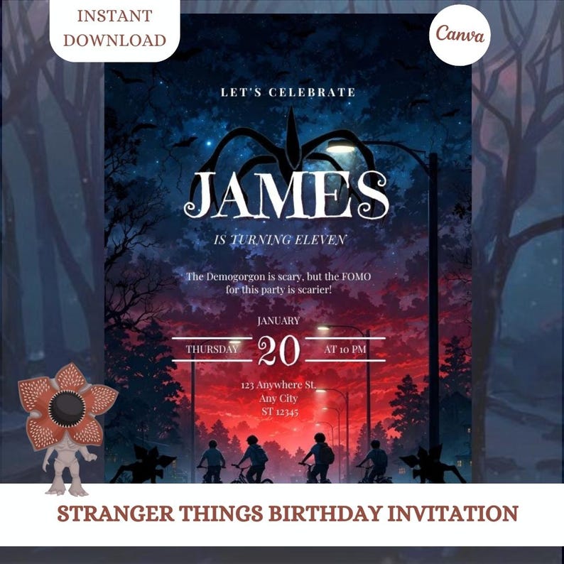 Stranger Things Birthday Invitation for Kids, Demogorgon Upside Down ...