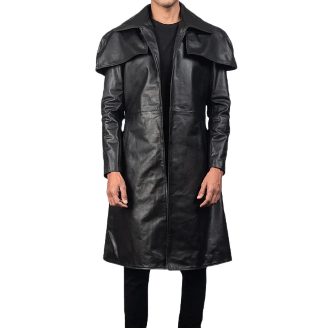 Mens Black Leather Trench Coat, Long Gothic Duster Jacket, Western ...