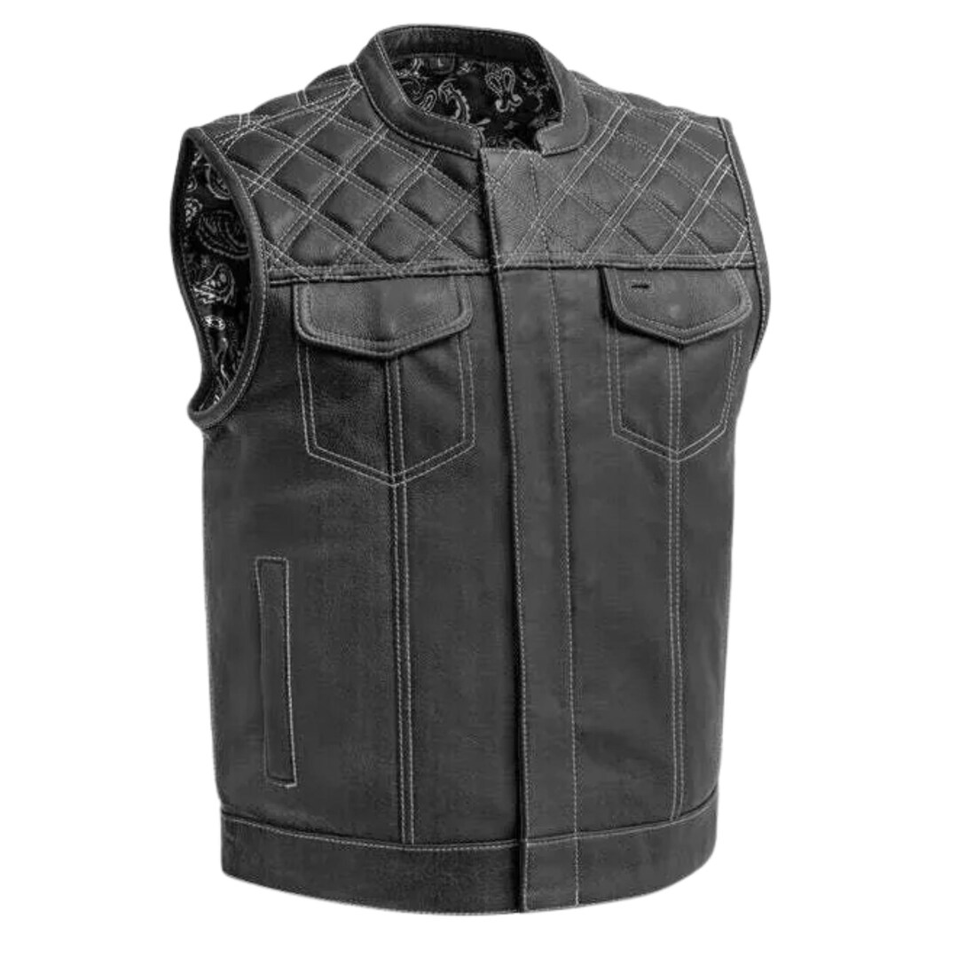 Mens Leather Biker Vest - Quilted Club Style Motorcycle Vest With ...