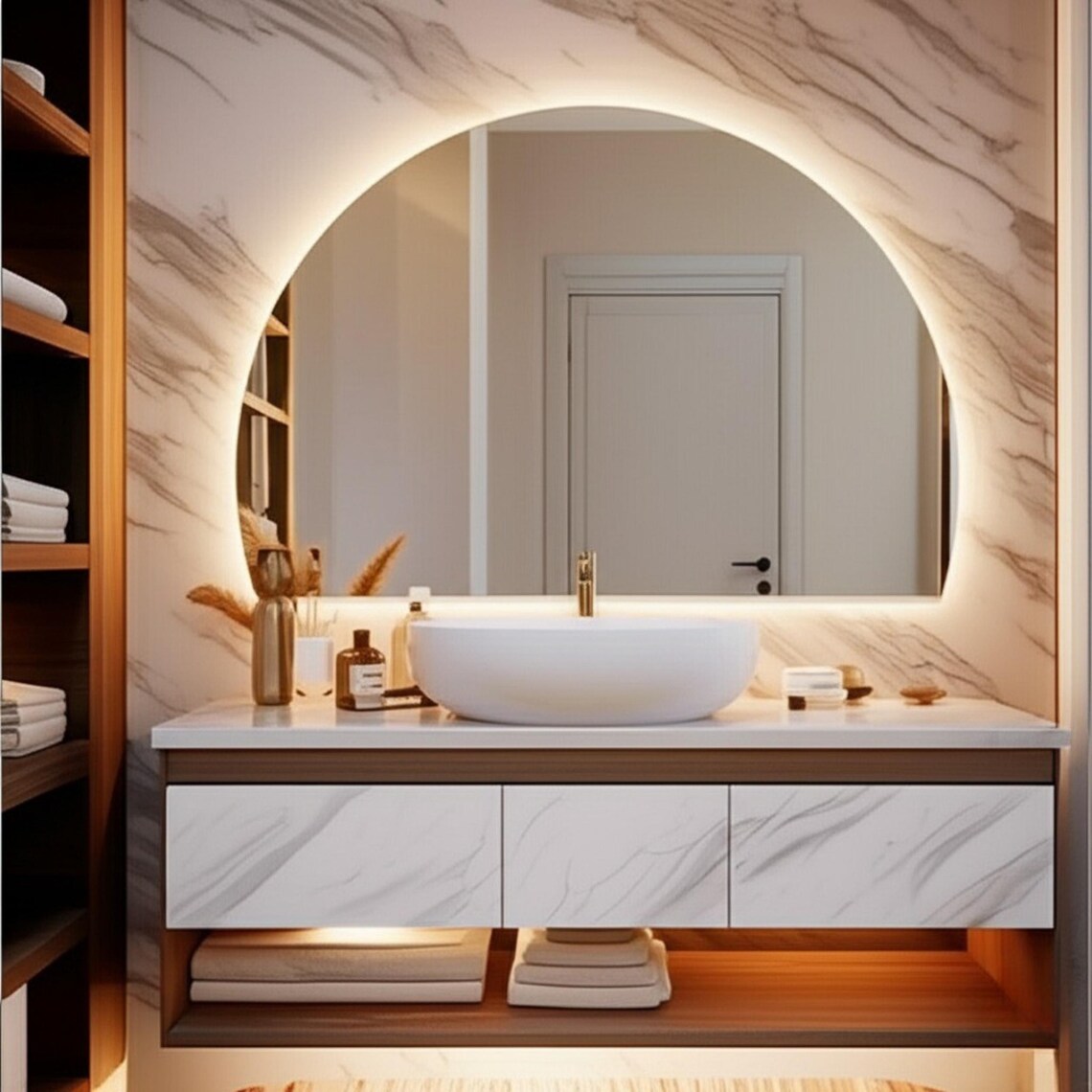 Half Circle LED Lighted Bathroom Mirror - Half Moon Backlit Wall Mirror ...