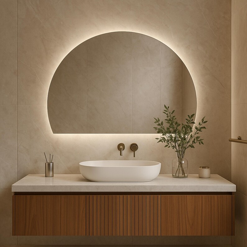 Half Circle LED Lighted Bathroom Mirror - Half Moon Backlit Wall Mirror ...