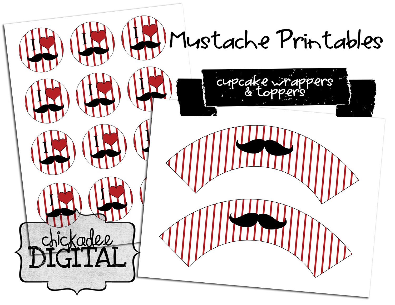 Red and White Stripe Mustache Printable Set, Cupcake Wrappers and ...
