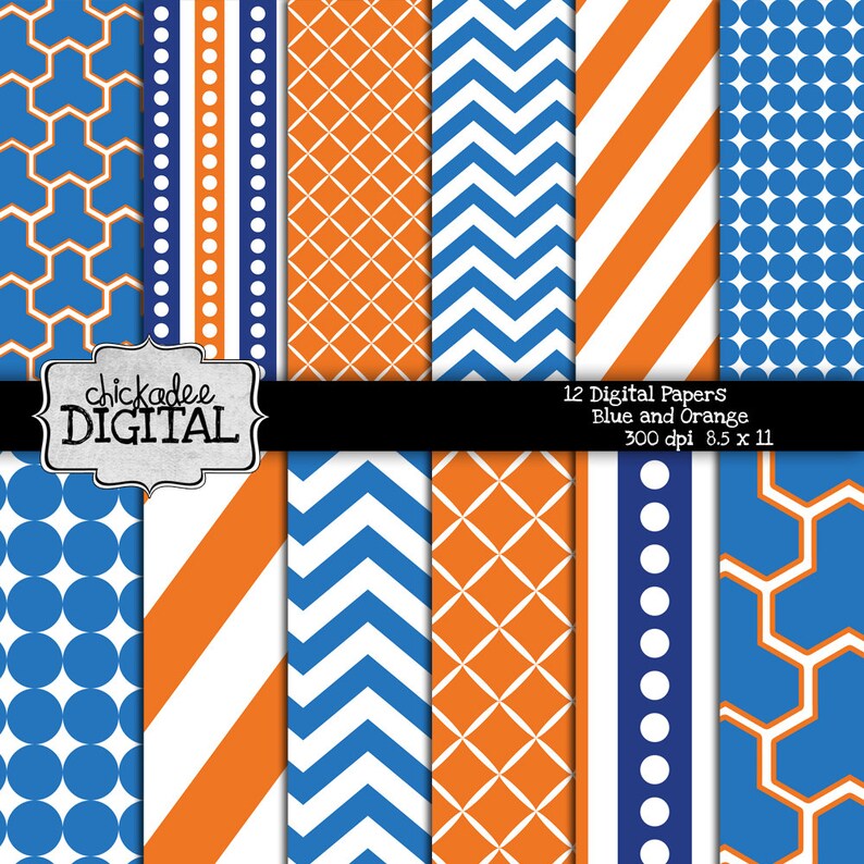 Blue Orange and White Digital Paper Pack, Lattice Digital Papers, Blue ...