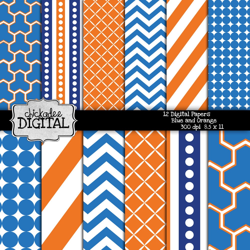 Blue Orange and White Digital Paper Pack, Lattice Digital Papers, Blue ...
