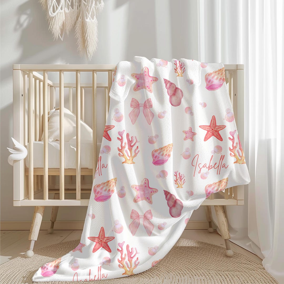 Personalized Seashell Baby Blanket, Custom Starfish and Bow Swaddle ...