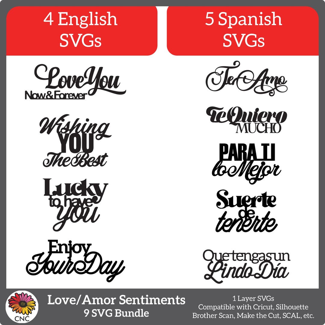 Love & Amor Sentiments SVG Bundle | 9 English - Spanish Phrases ...