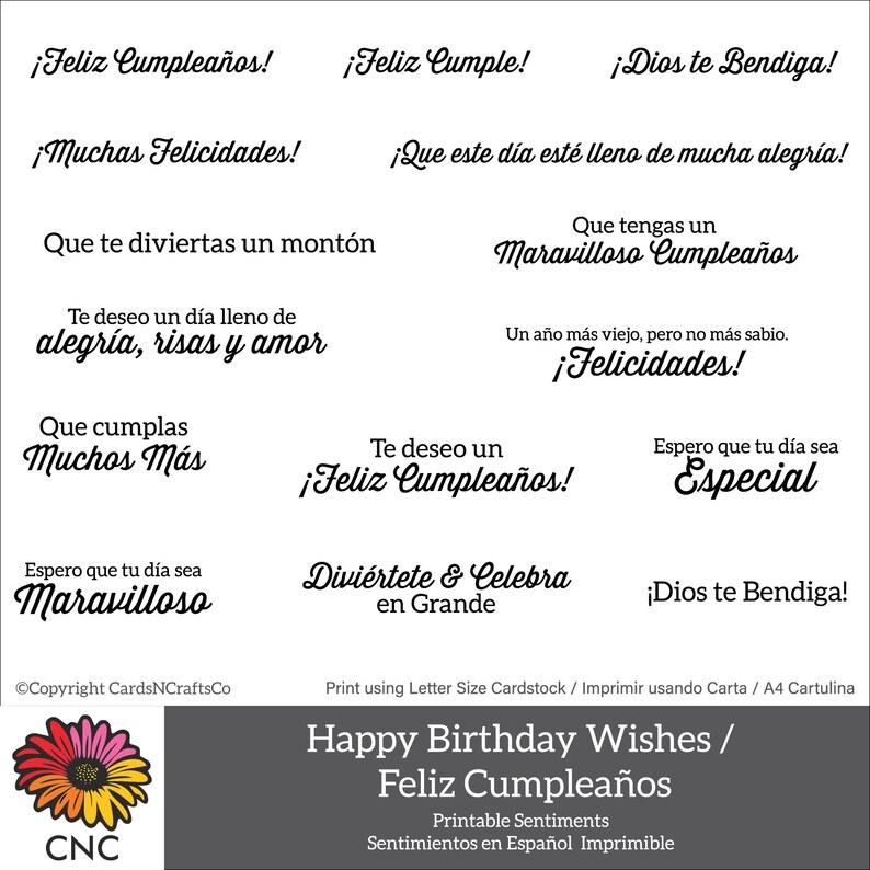 Spanish Birthday Card Sentiments - Printable Feliz Cumpleaños Phrases ...