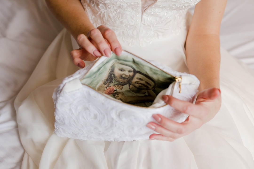 Handcrafted Bridal Purse With Custom Photo Lining - off White Rose Lace ...