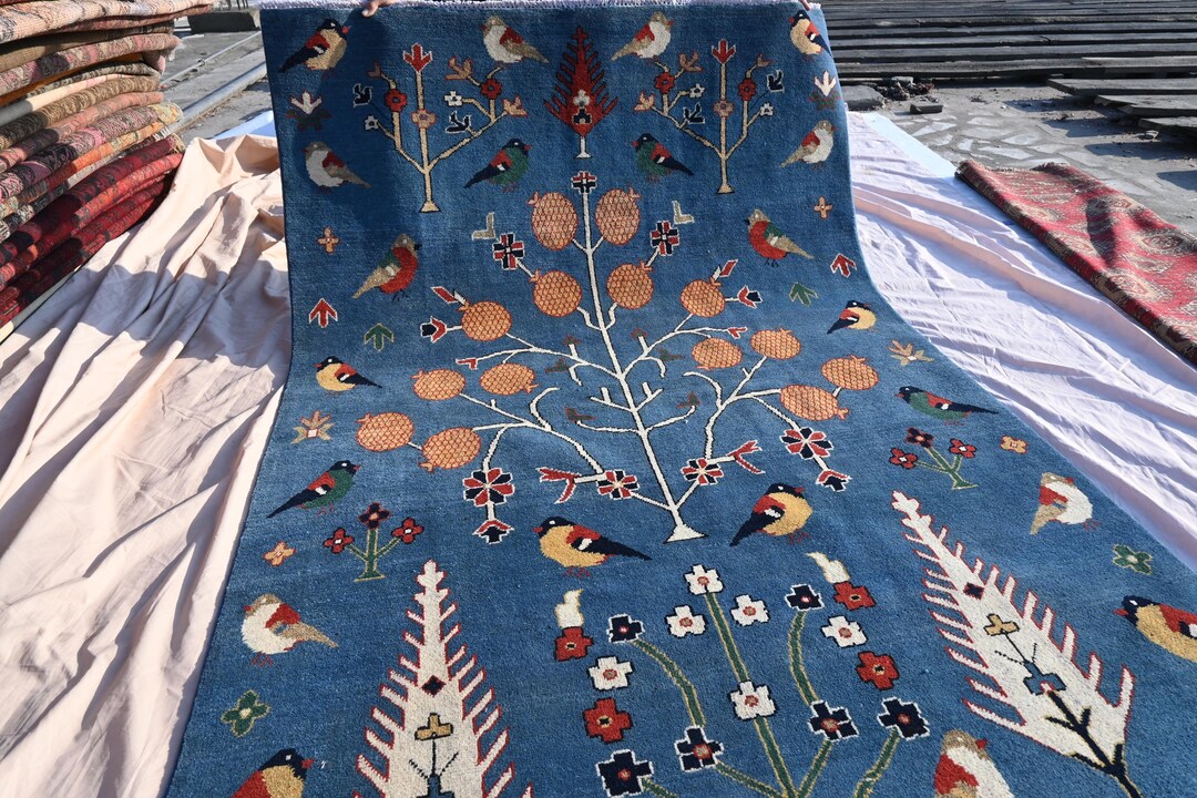 Antique Blue Birds Rug: 5x7 Handmade Wool Rug, Tree of Life, - Etsy