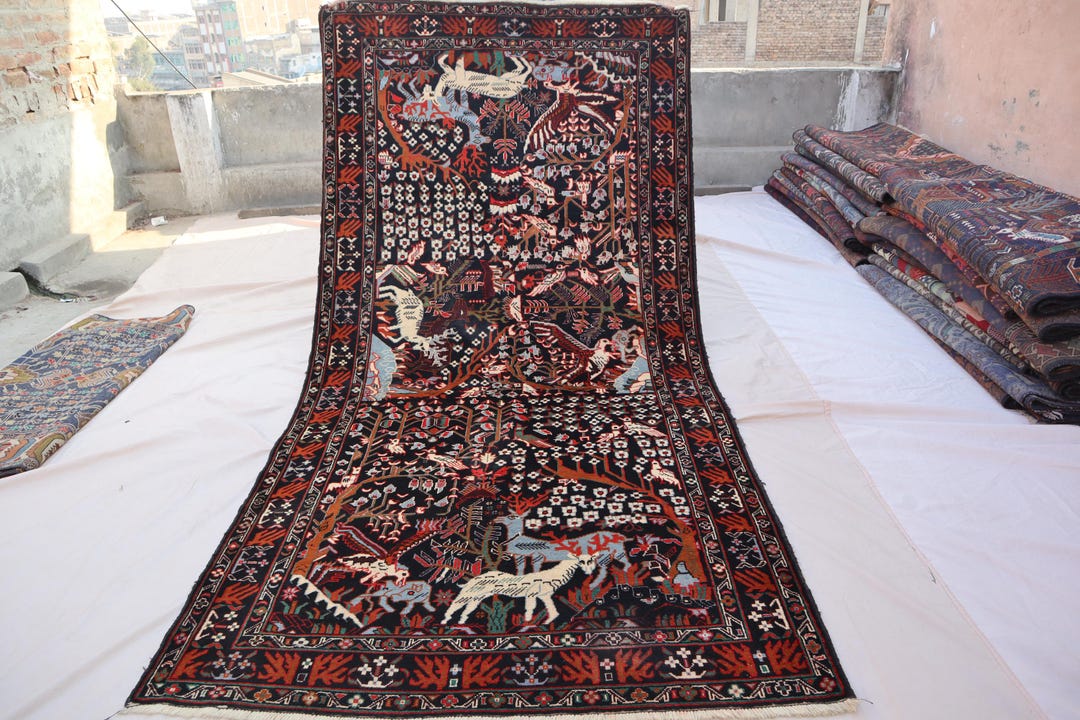 1960s Afghan Pictorial Wool Rug: 4x9 Hallway Runner, Tree of Life ...