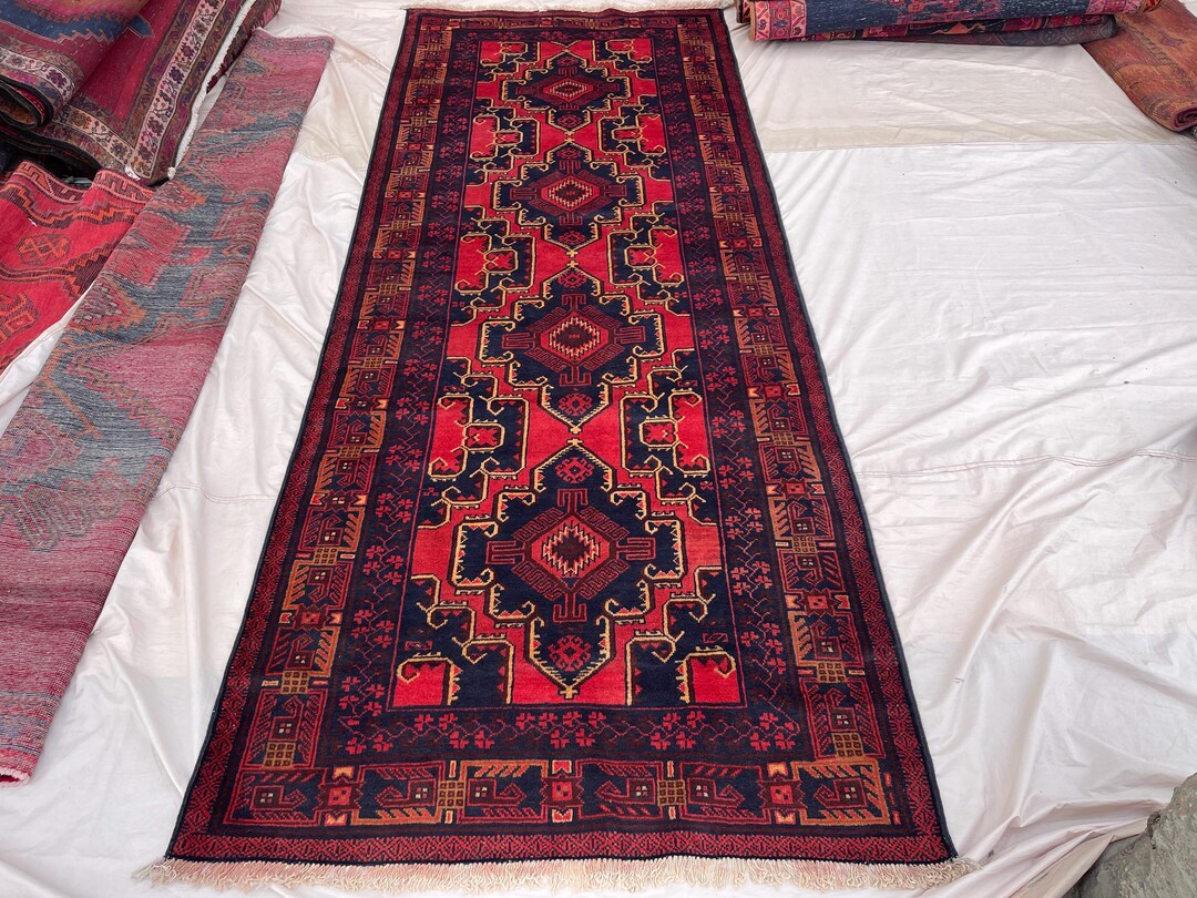 Handmade Afghan Wool Rug, 4x11 Vintage Rug, Geometric Tribal Design ...