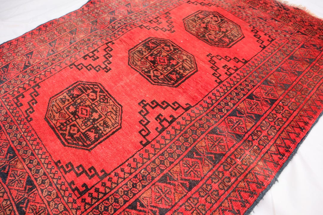 Antique Turkmen Rug: 3x4 Red Wool, Afghan Collectible - Etsy