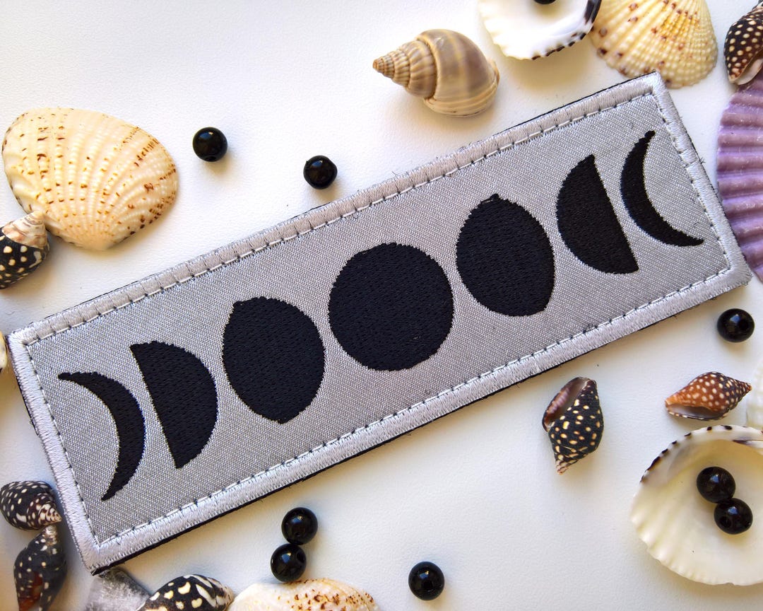 Moon Phases Embroidered Hook and Loop Patch Silver Satin Celestial Patch Witchy Aesthetic Black ...