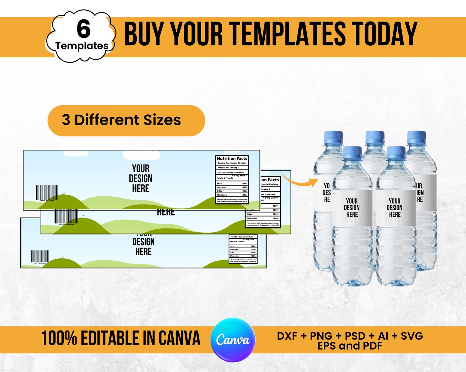 Water Bottle Label Blank Template, DIY Label Template, Canva Editable ...