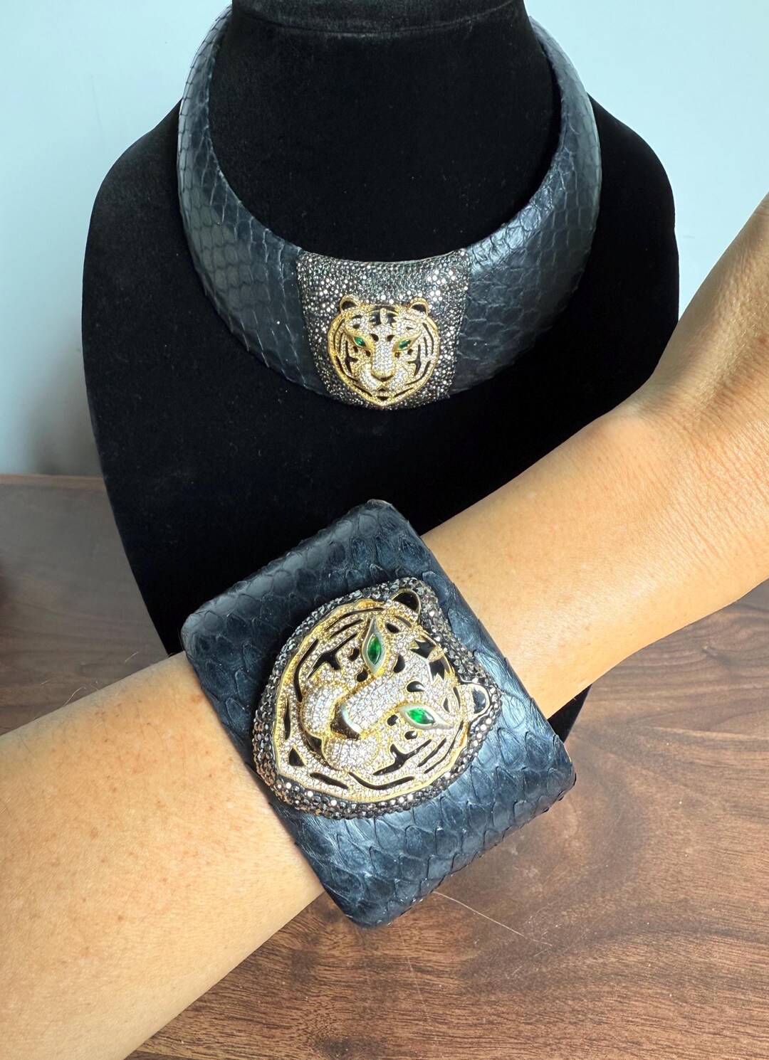 Luxury Leather Cuff With Rhinestone Tiger Detail - Etsy