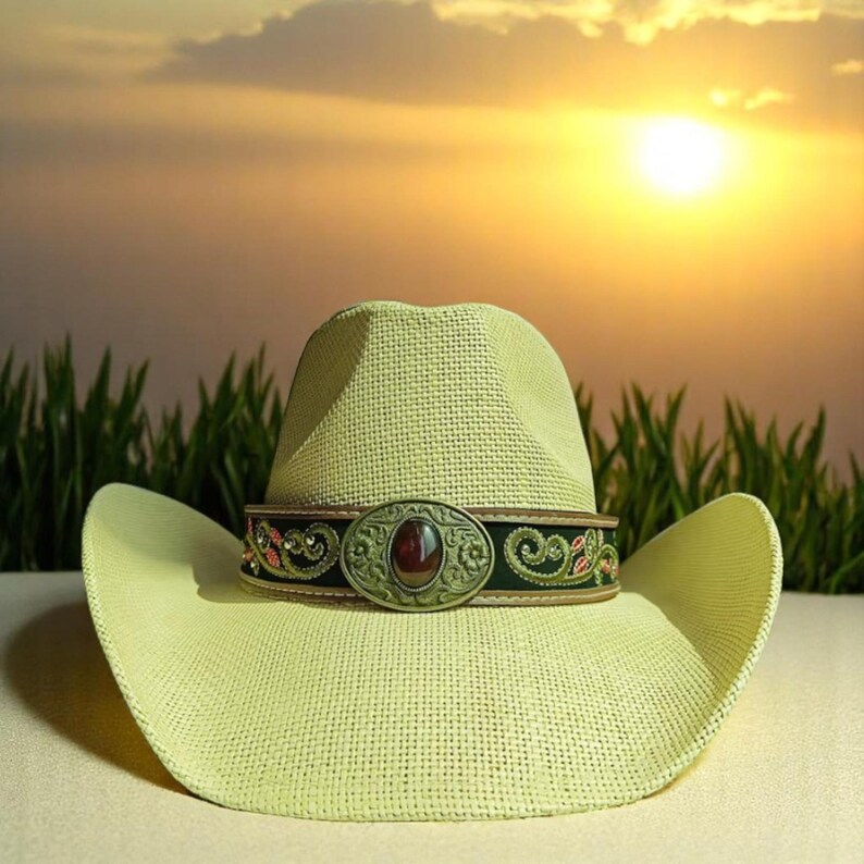 Jewel Belt Straw Cowboy Hat for Men| Women Wide Brim Summer Beach Sun ...