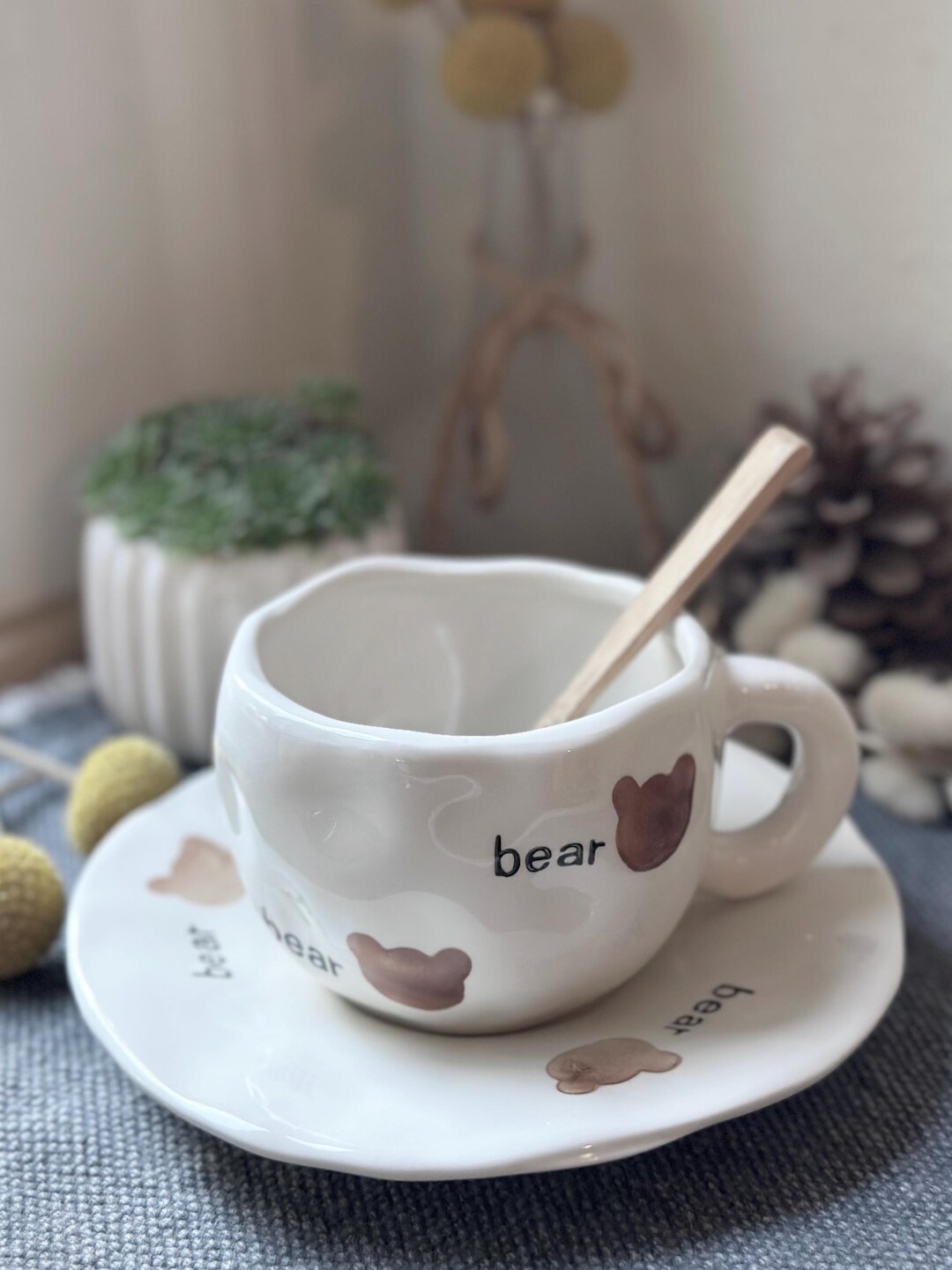 Kawaii Bear Cup & Saucer Set With Bamboo Spoon | Cute Ceramic Bear Mug ...