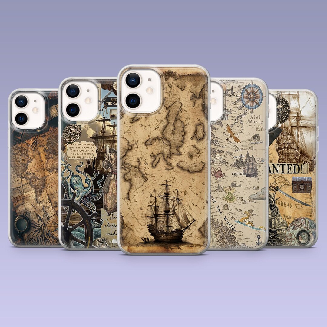 Pirates Phone Case Treasure Map Sailor Ship Cover for iPhone 16,15, 4 ...
