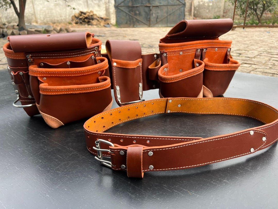 Handmade Leather Tool Belt With Multiple Pouches – Heavy Duty Carpenter ...