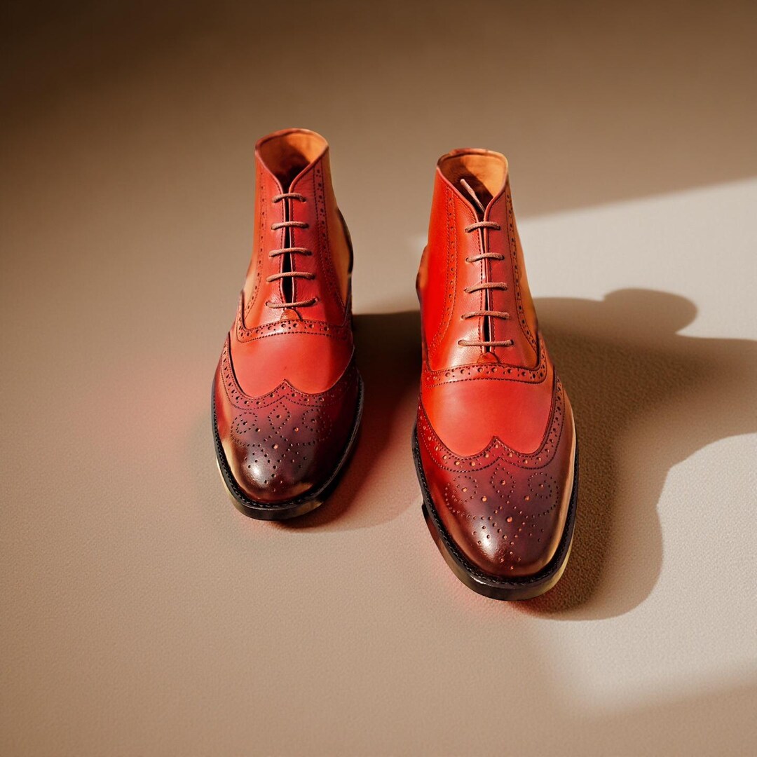 Handcrafted Two-tone Wingtip Brogue Boots: Patina Leather Oxford Dress ...