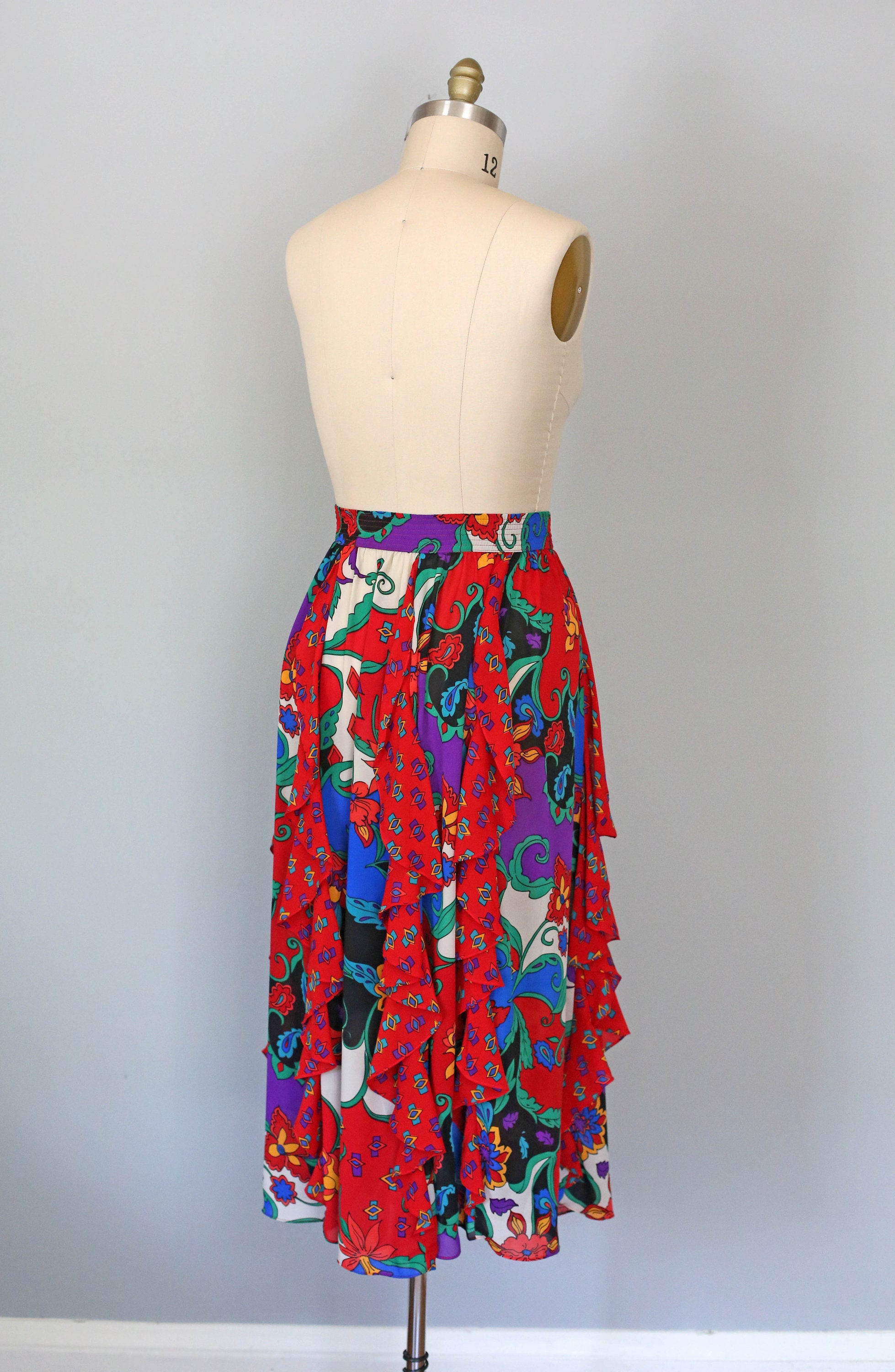 Floral Print Ruffle Skirt Vintage 1980s Red Flower Maxi Large Extra ...