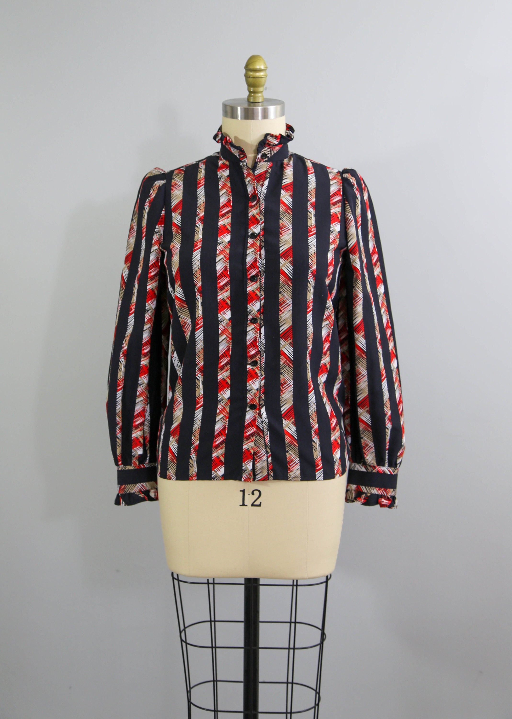 Black Stripe Blouse 80s Ruffle Collar Shirt Vintage Long Sleeve Top - Etsy