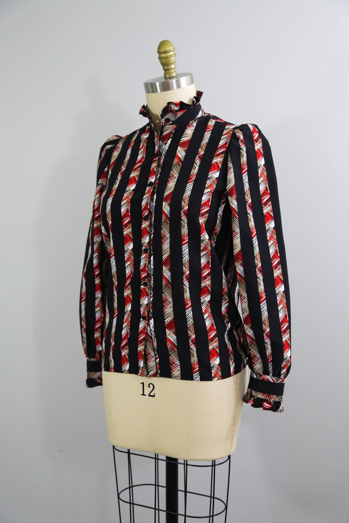 Black Stripe Blouse 80s Ruffle Collar Shirt Vintage Long Sleeve Top - Etsy