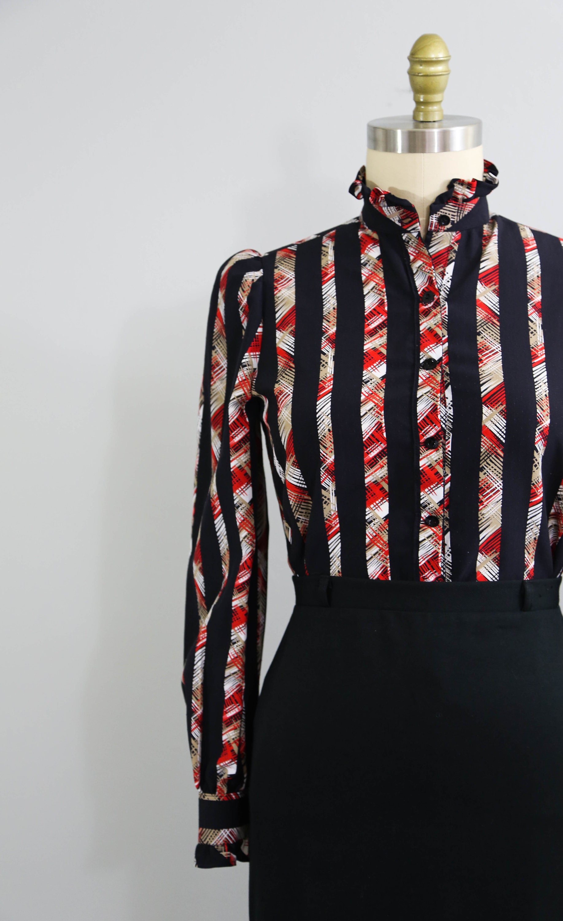 Black Stripe Blouse 80s Ruffle Collar Shirt Vintage Long Sleeve Top - Etsy
