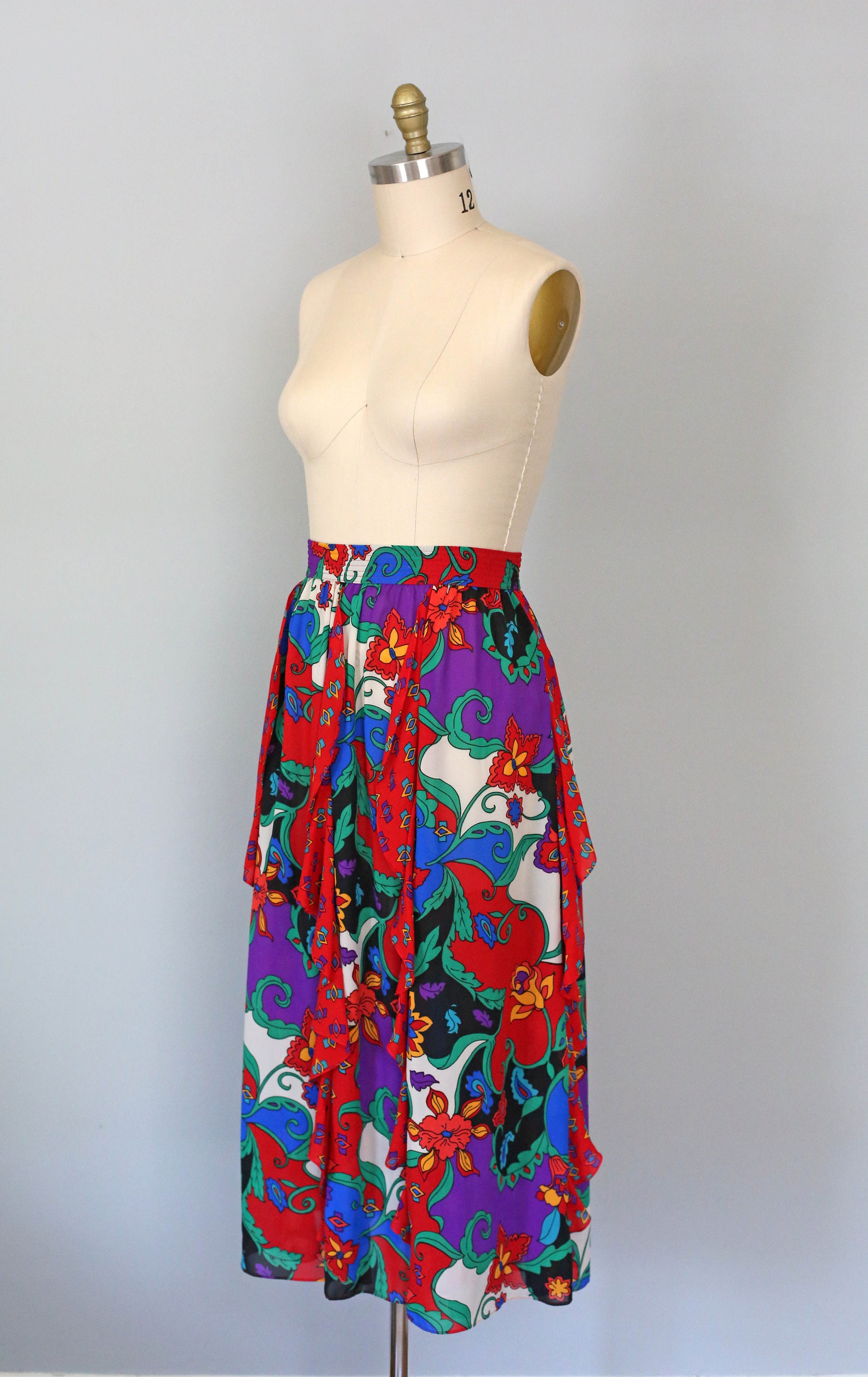 Floral Print Ruffle Skirt Vintage 1980s Red Flower Maxi Large Extra ...