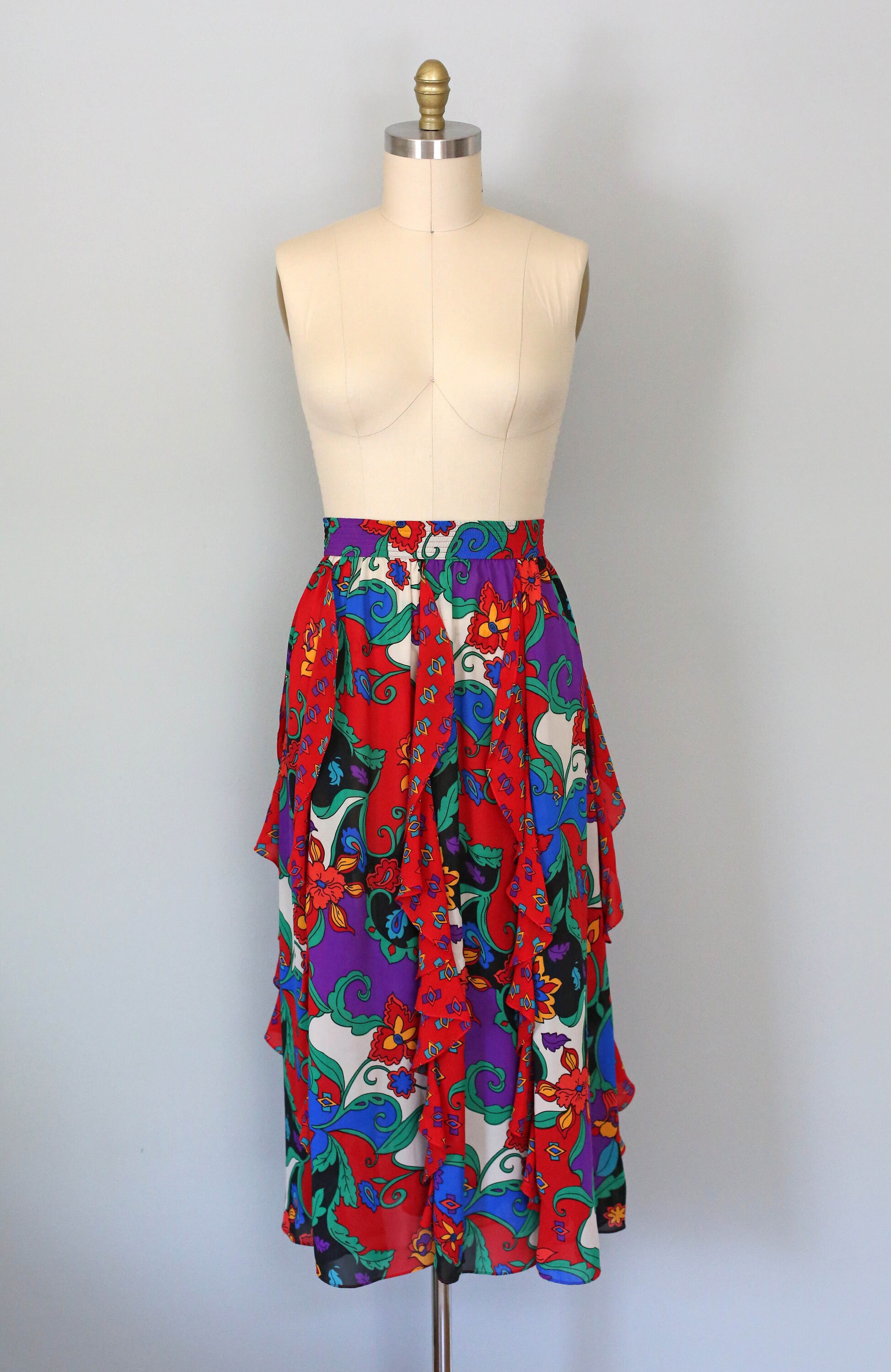 Floral Print Ruffle Skirt Vintage 1980s Red Flower Maxi Large Extra ...
