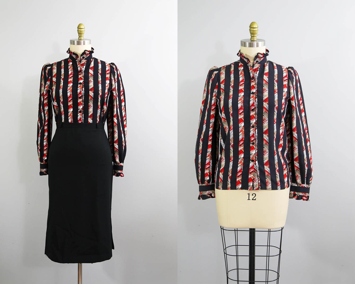 Black Stripe Blouse 80s Ruffle Collar Shirt Vintage Long Sleeve Top - Etsy