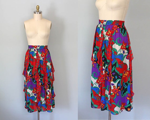 Floral Print Ruffle Skirt Vintage 1980s Red Flower Maxi - Etsy