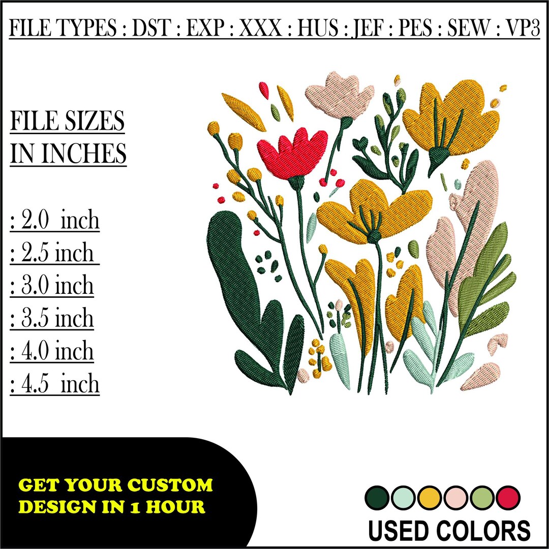 Wildflower Embroidery Design: Hand-drawn Floral Bouquet (digital File ...