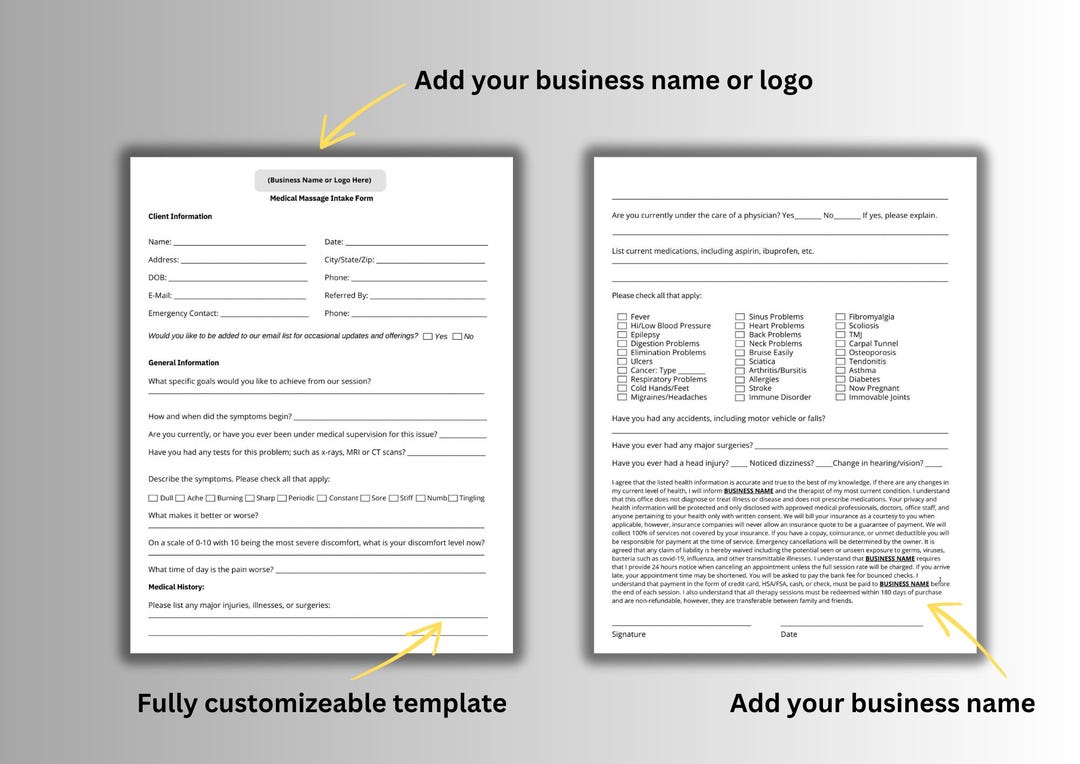 Editable Medical Massage Intake Form Massage Therapy Intake Form 0116
