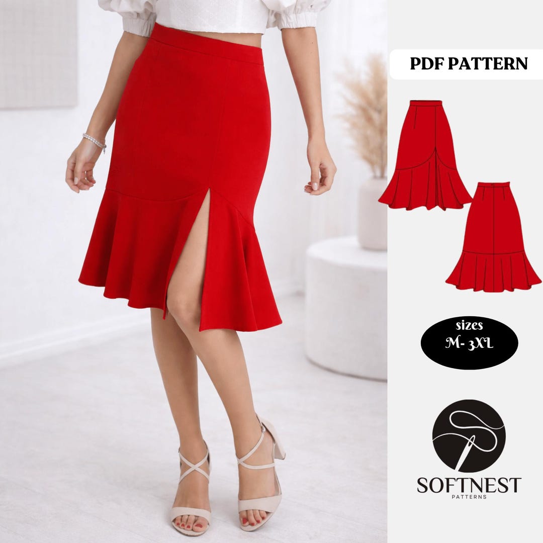 High-waist Flounce Skirt Sewing Pattern PDF, Midi Skirt With Slit - Etsy