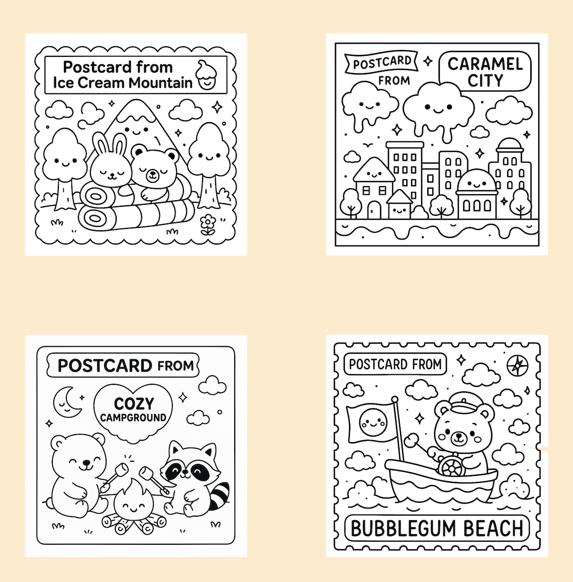 Traveling Postcards From Kawaii World / Digital Coloring Book / Cute ...