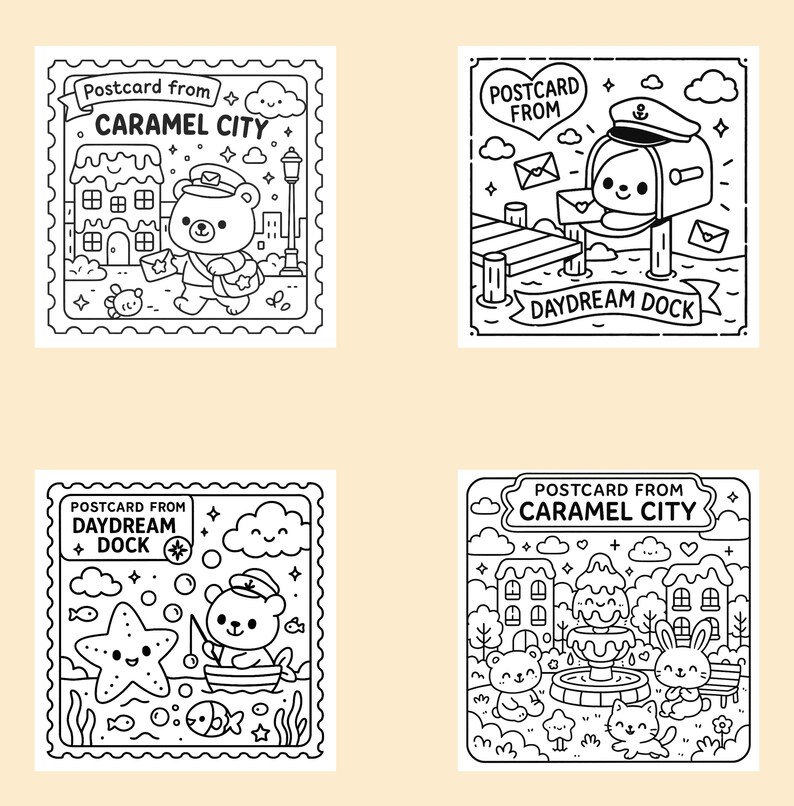 Traveling Postcards From Kawaii World / Digital Coloring Book / Cute ...