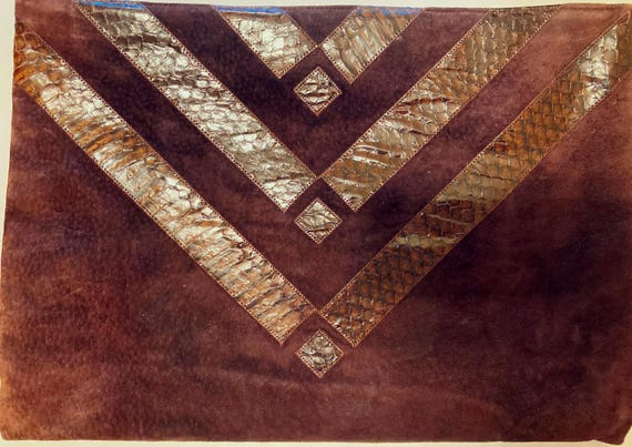 Vintage REVA Brown Ultrasuede and Snake Skin Clutch b… - Gem