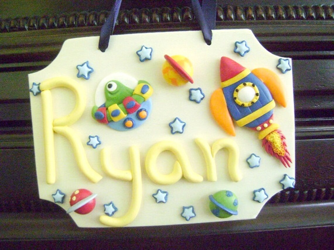 Kids Clay Door Sign Personalized Door Hanger Spaceship Stars Planets ...