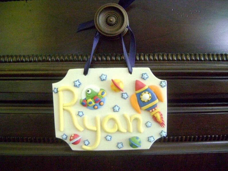 Kids Clay Door Sign Personalized Door Hanger Spaceship Stars Planets ...