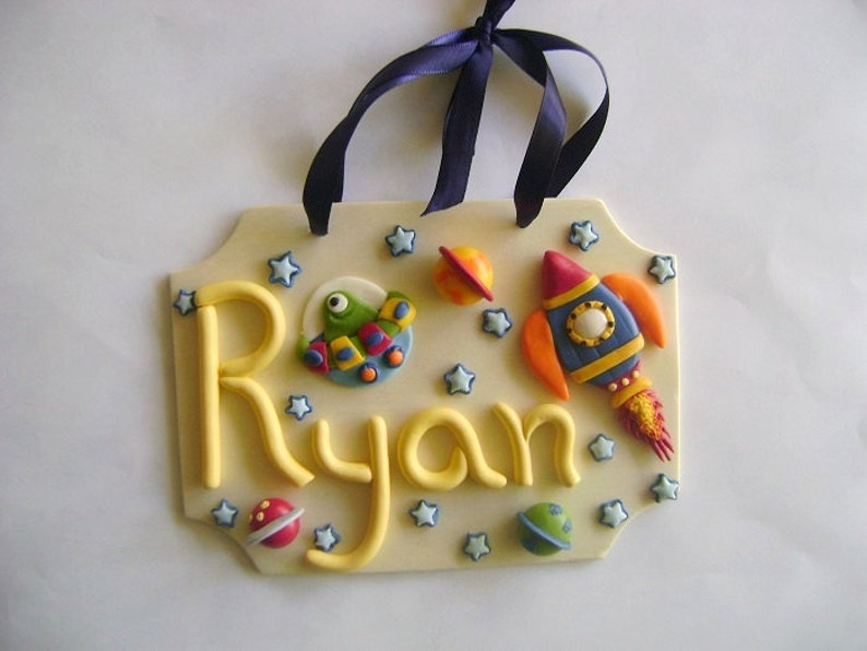 Kids Clay Door Sign Personalized Door Hanger Spaceship Stars Planets ...