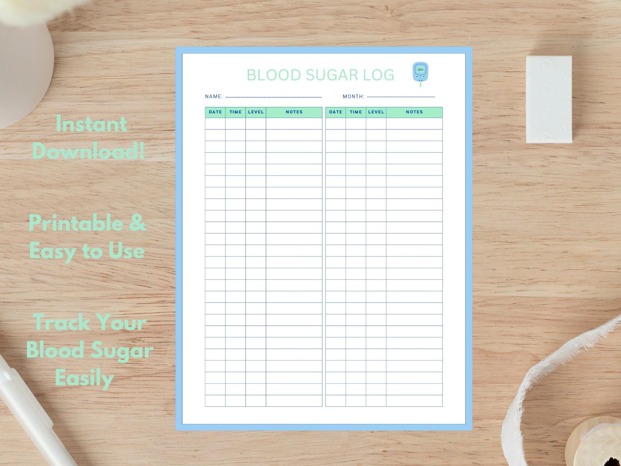 Blood Sugar Log, Glucose Tracker, Printable PDF, Diabetes Monitoring ...