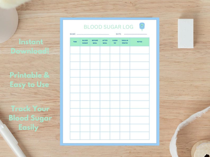 Blood Sugar Log, Glucose Tracker, Printable PDF, Diabetes Monitoring ...