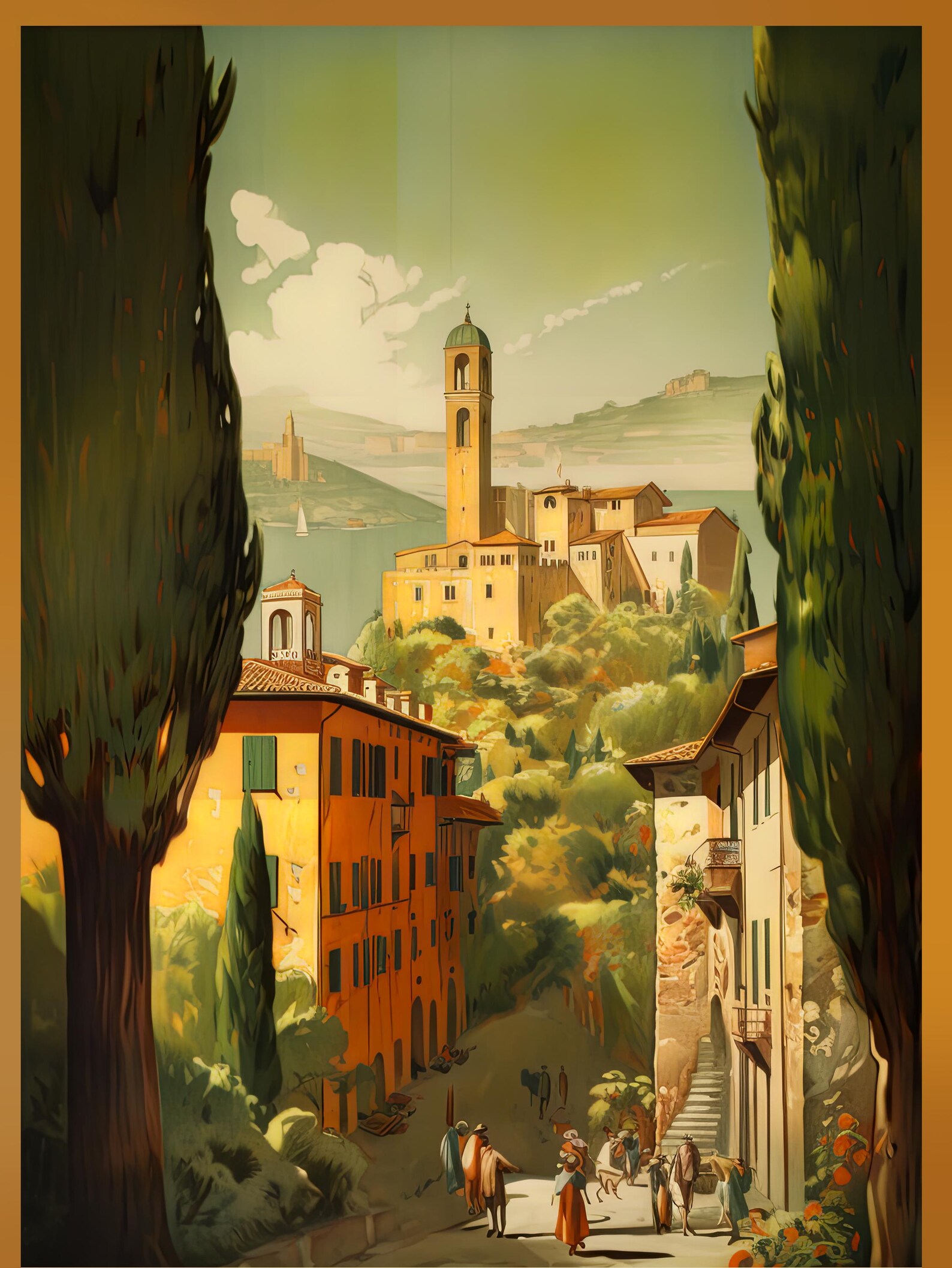 Vintage Italian Street Scene Print | Rome River View With Church ...
