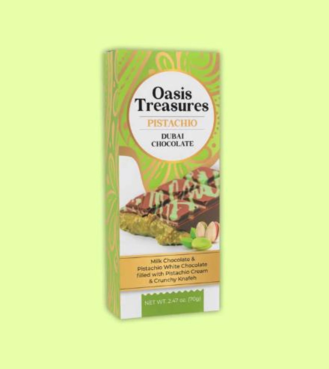 Oasis Treasures Pistachio Dubai Chocolate Bar 2.45oz Snack Dessert Milk ...