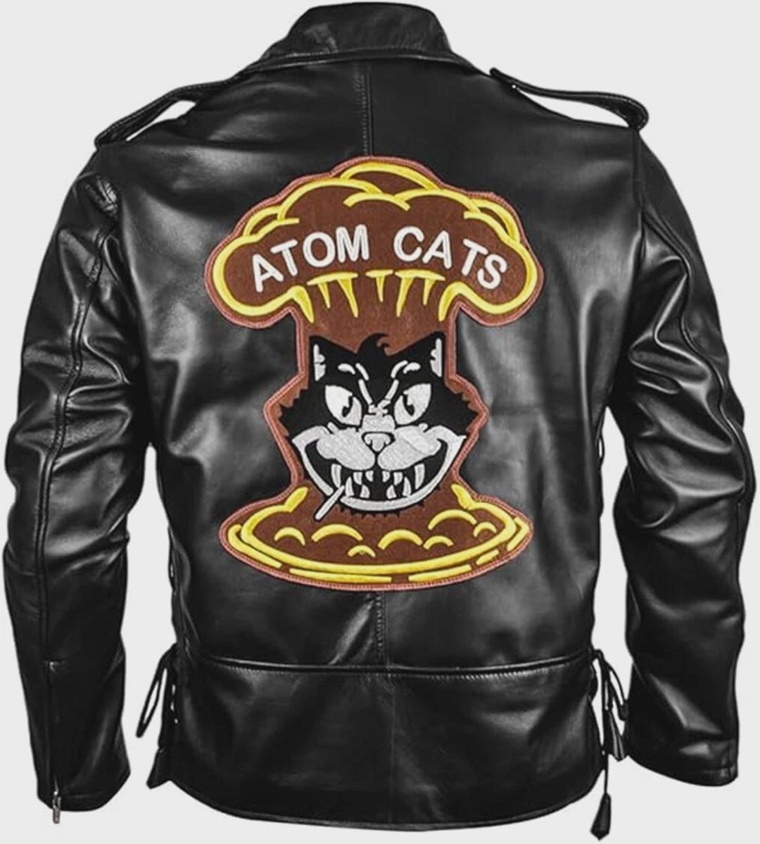 Men's Atom Cats Motorcycle Jacket – Black Real Sheepskin Leather Biker ...