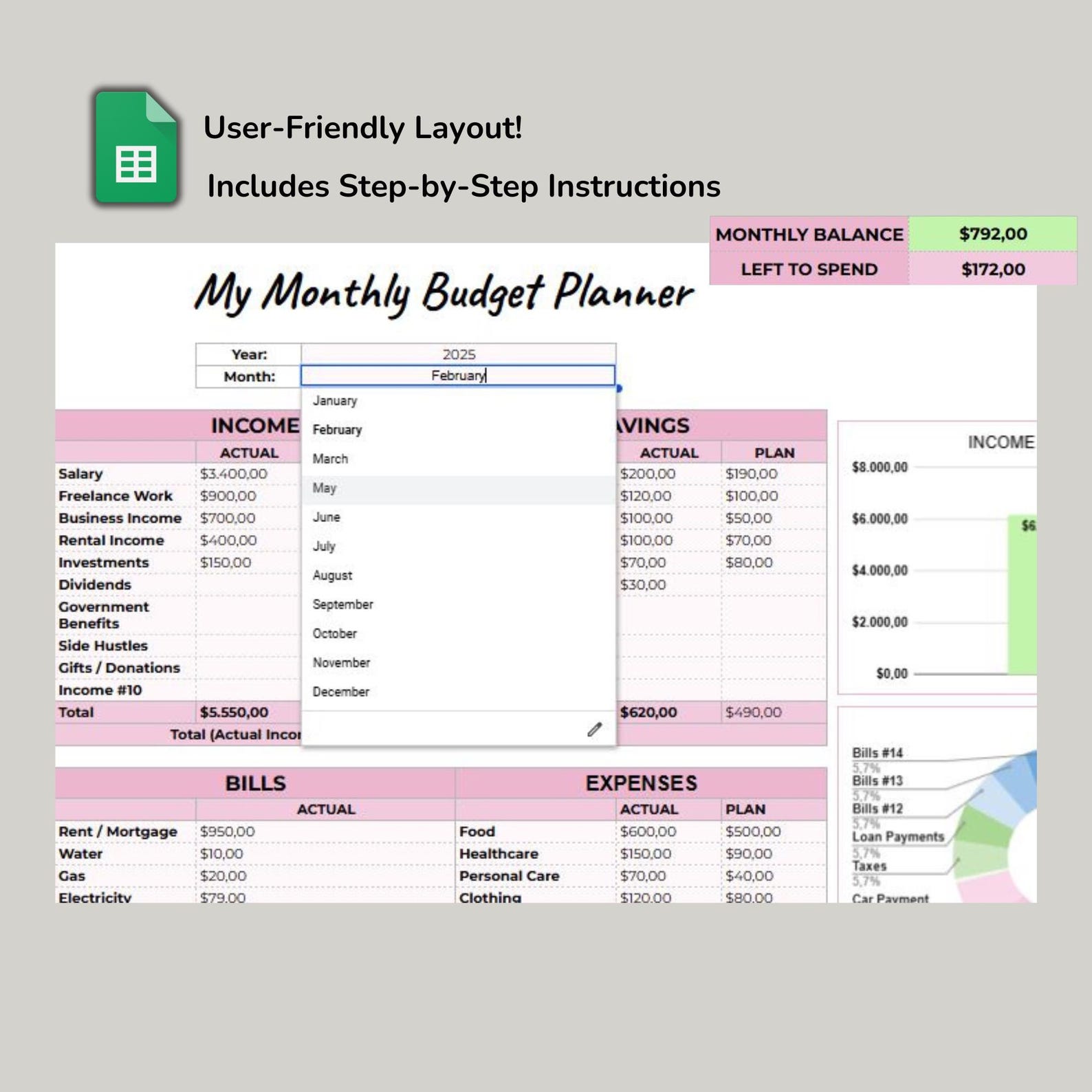 Monthly Budget Planner Spreadsheet Pink, Financial Planner, Personal ...