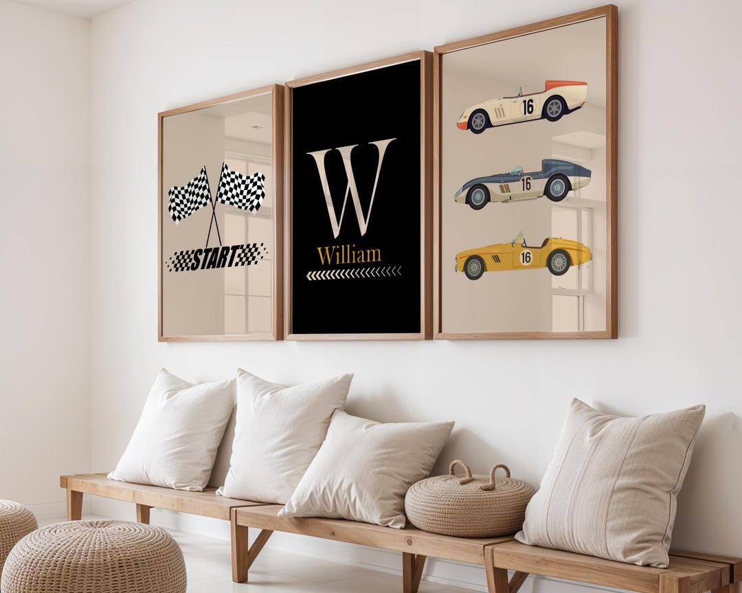 Vintage Racing Car Trio | Retro Classic Car Wall Art | Boys Room Decor ...